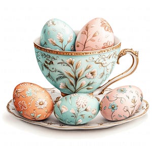 11 Festive Easter Teacup Clipart Watercolor Easter Eggs Cup Printable ...