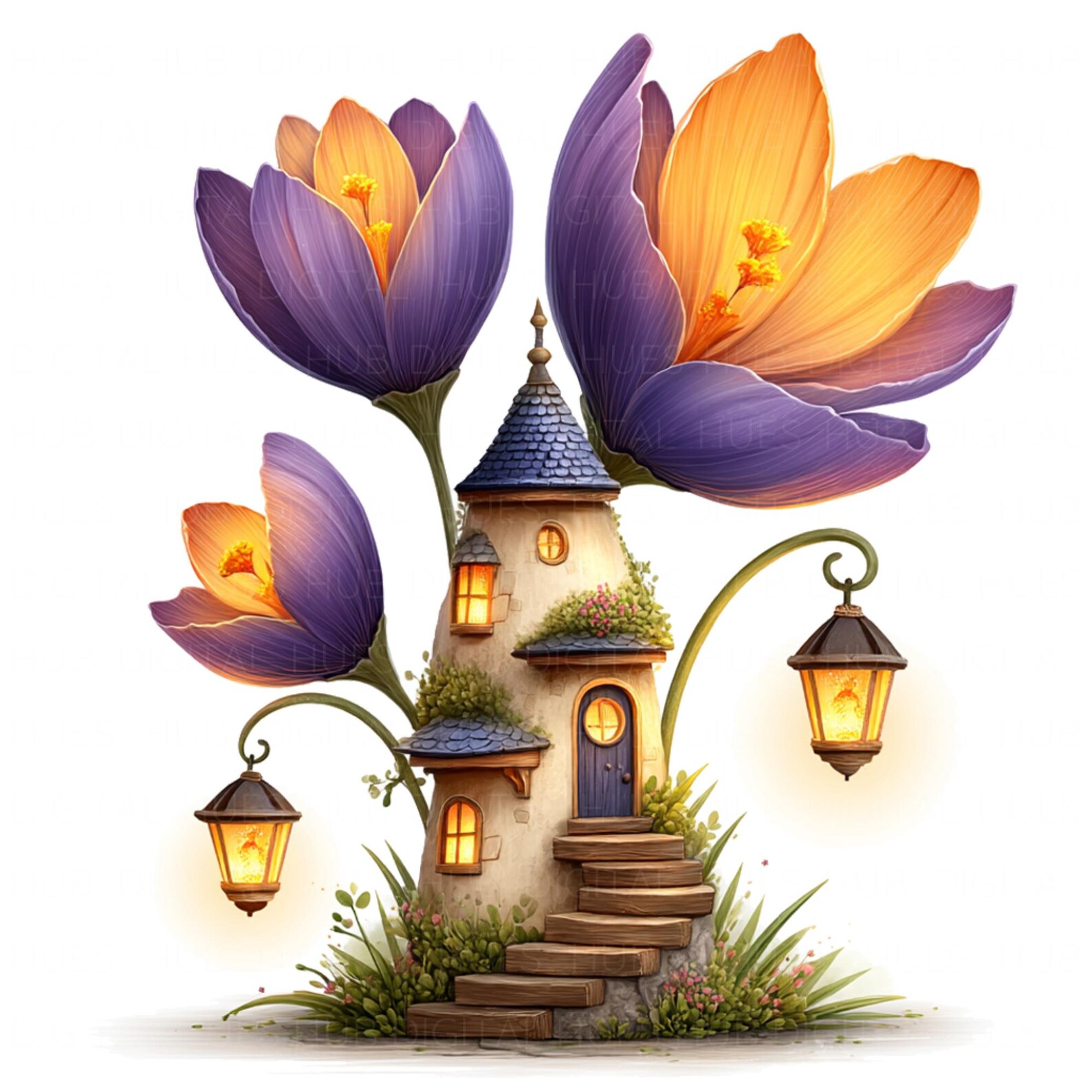 19 Flower Fairy House Clipart Watercolor Purple Flower Whimsical Fairy ...