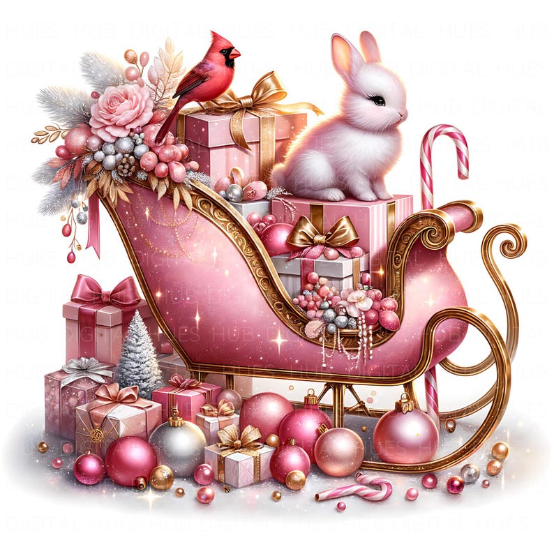 11 Pink Christmas Sleigh Clipart: Watercolor Festive Holiday Graphics ...