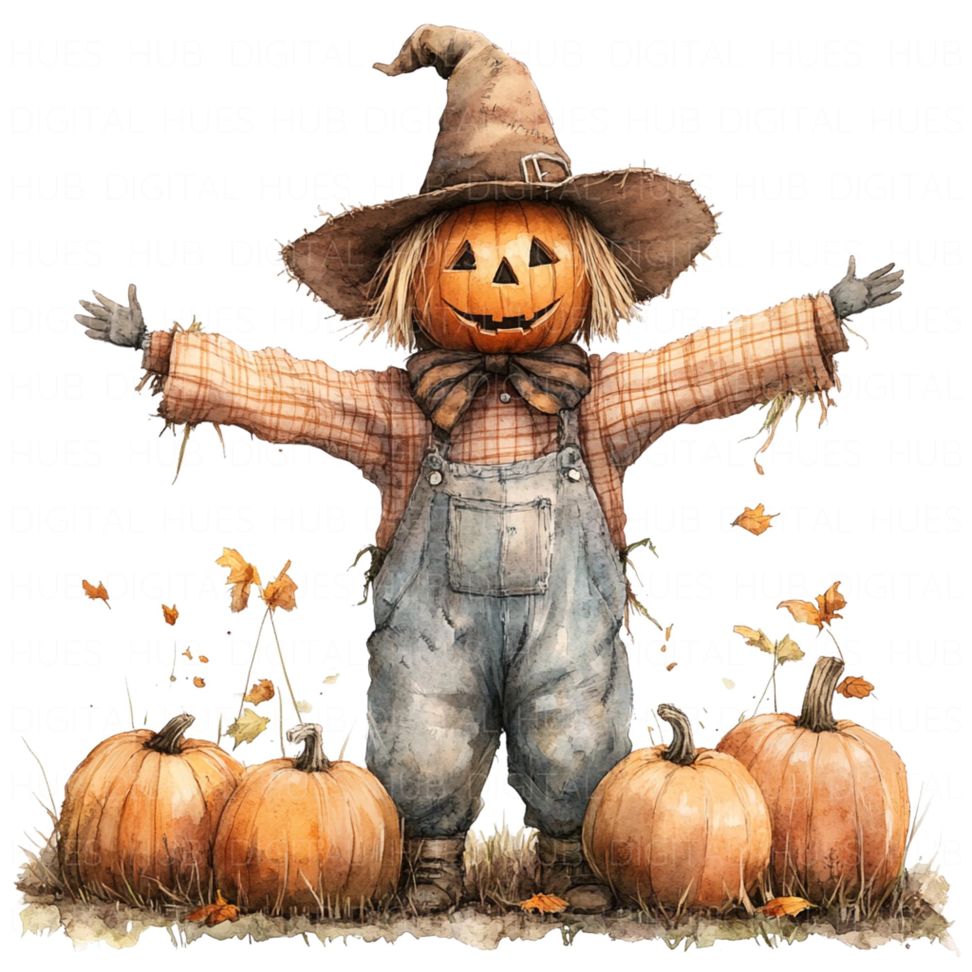12 Scarecrow Pumpkin Patch Clipart Watercolor Halloween Autumn ...