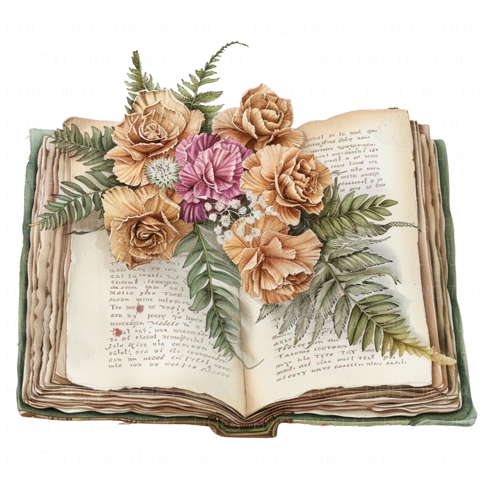 15 Dried Carnation Books Clipart Watercolor Old Floral Magic Book ...