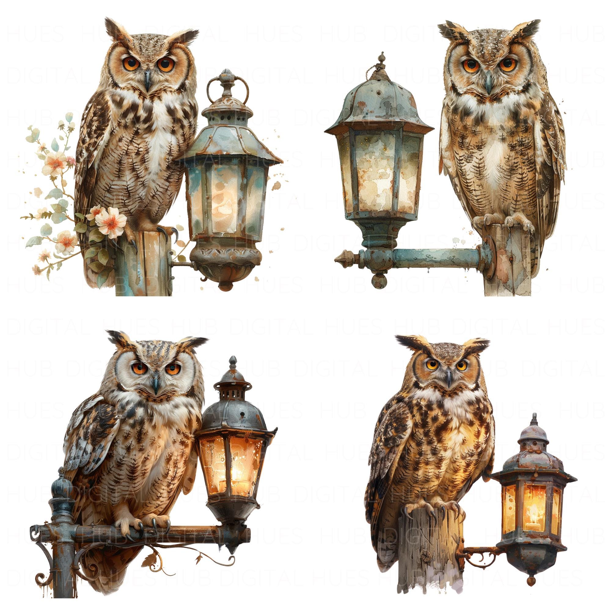 18 Owl on Lamp Post Clipart Watercolor Nursery Owl Digital Download ...