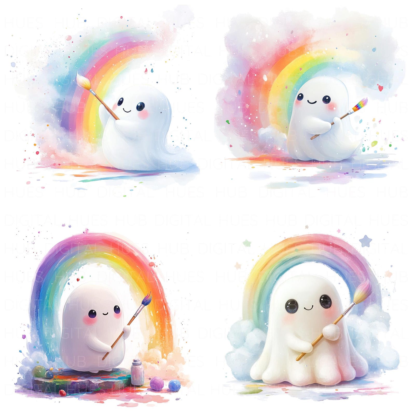 12 Cute Kawaii Ghost Painting Rainbow Clipart Watercolor Ghost Nursery ...