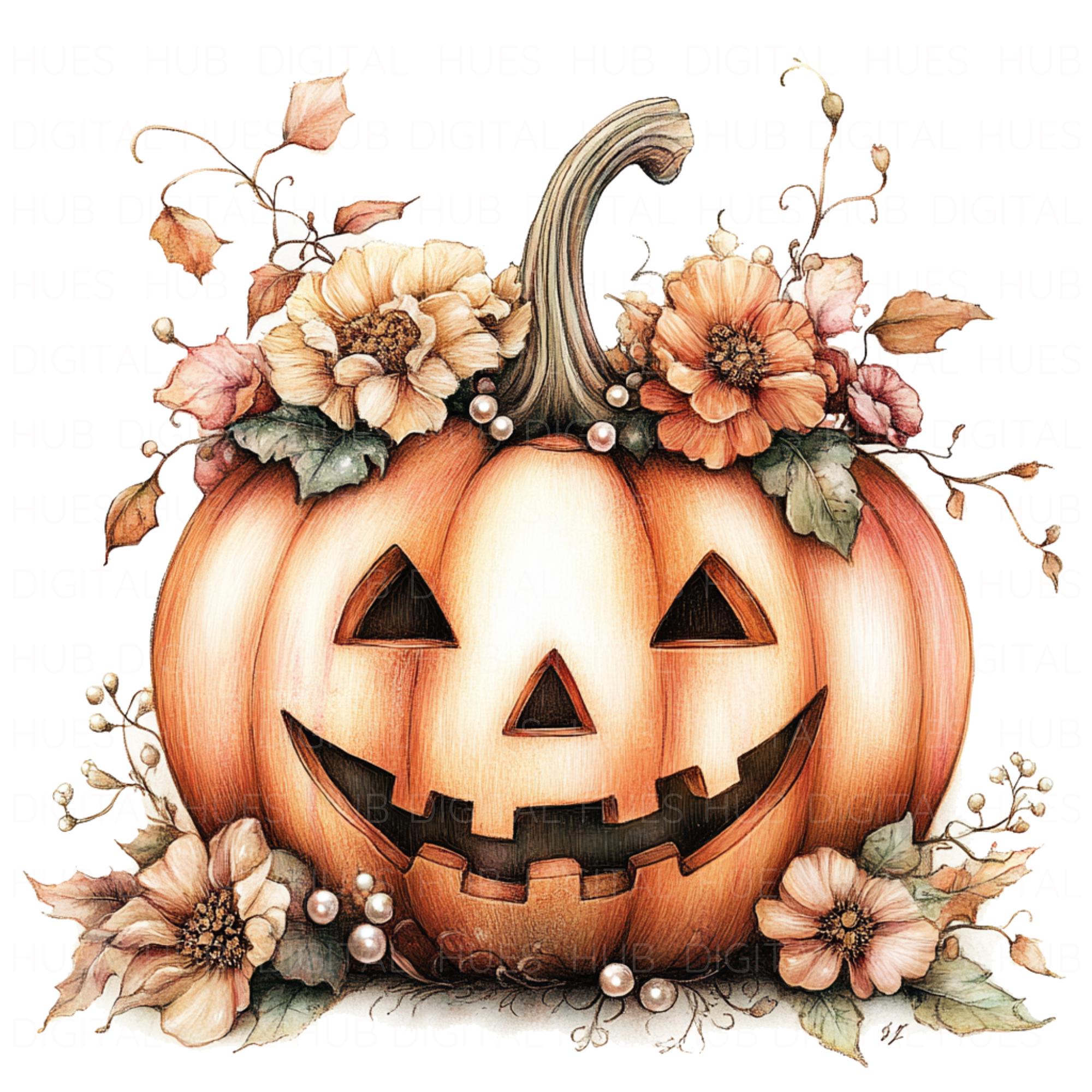 14 Jack O Lantern Clipart Watercolor Halloween Pumpkin Face Carving ...