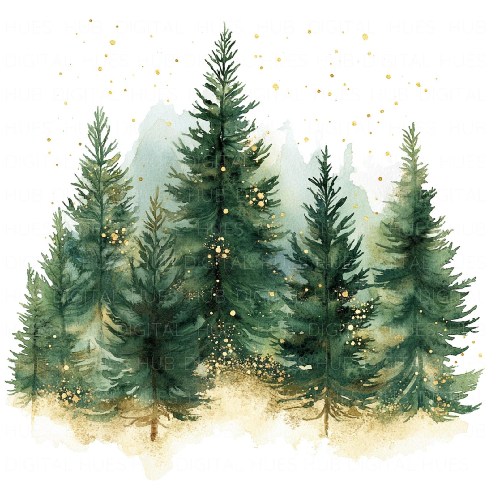 11 Pine Tree Clipart: Watercolor Green & Gold Christmas Tree JPEG ...
