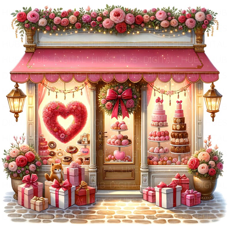 18 Valentine Shop Clipart: Watercolor Pink Storefront JPG, Romantic ...