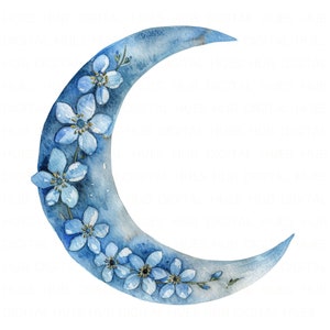 12 Floral Blue Moon Clipart Watercolor Forget Me Not Nursery Bedroom ...
