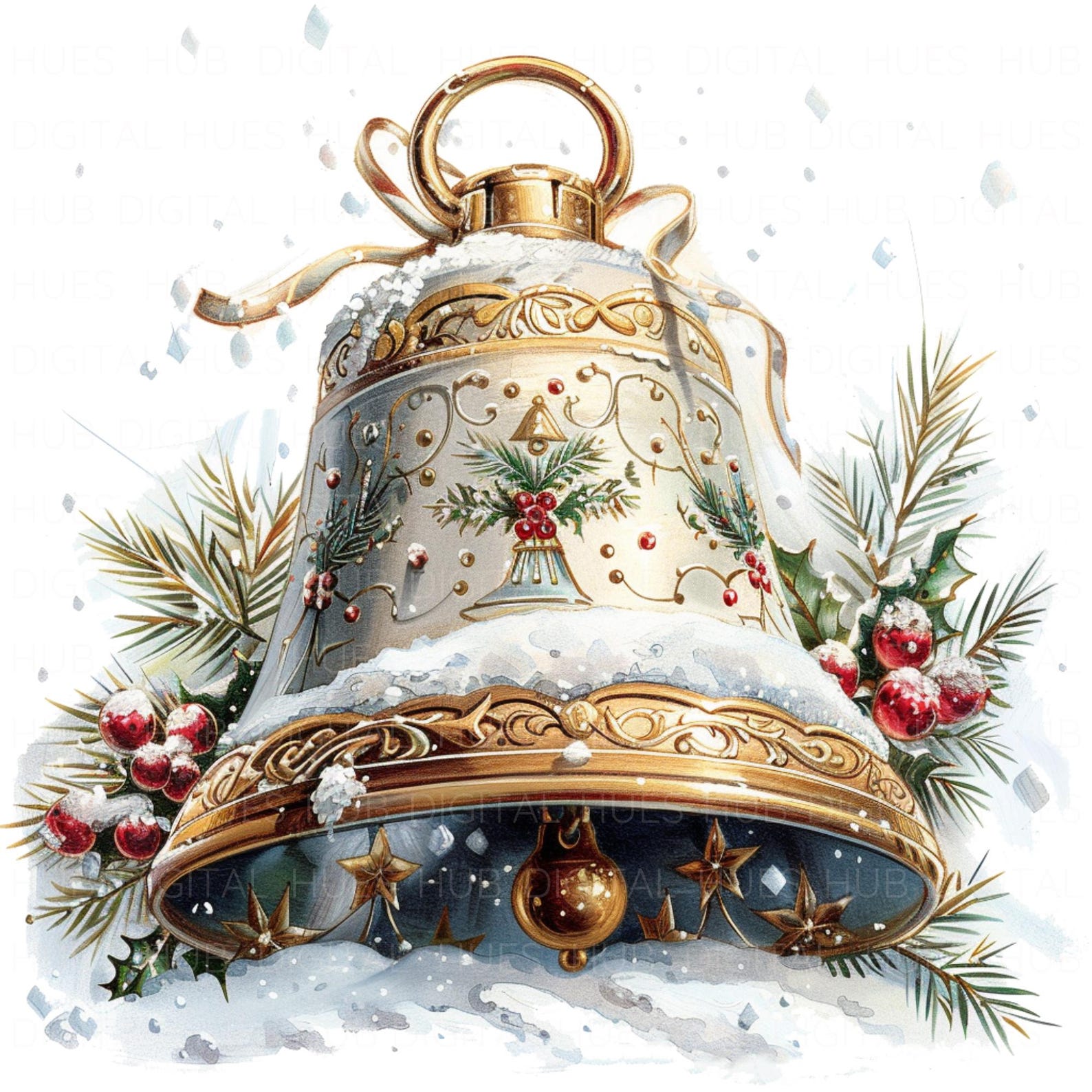 10 Christmas Bell in Snow Clipart Watercolor Holiday Graphics Printable ...