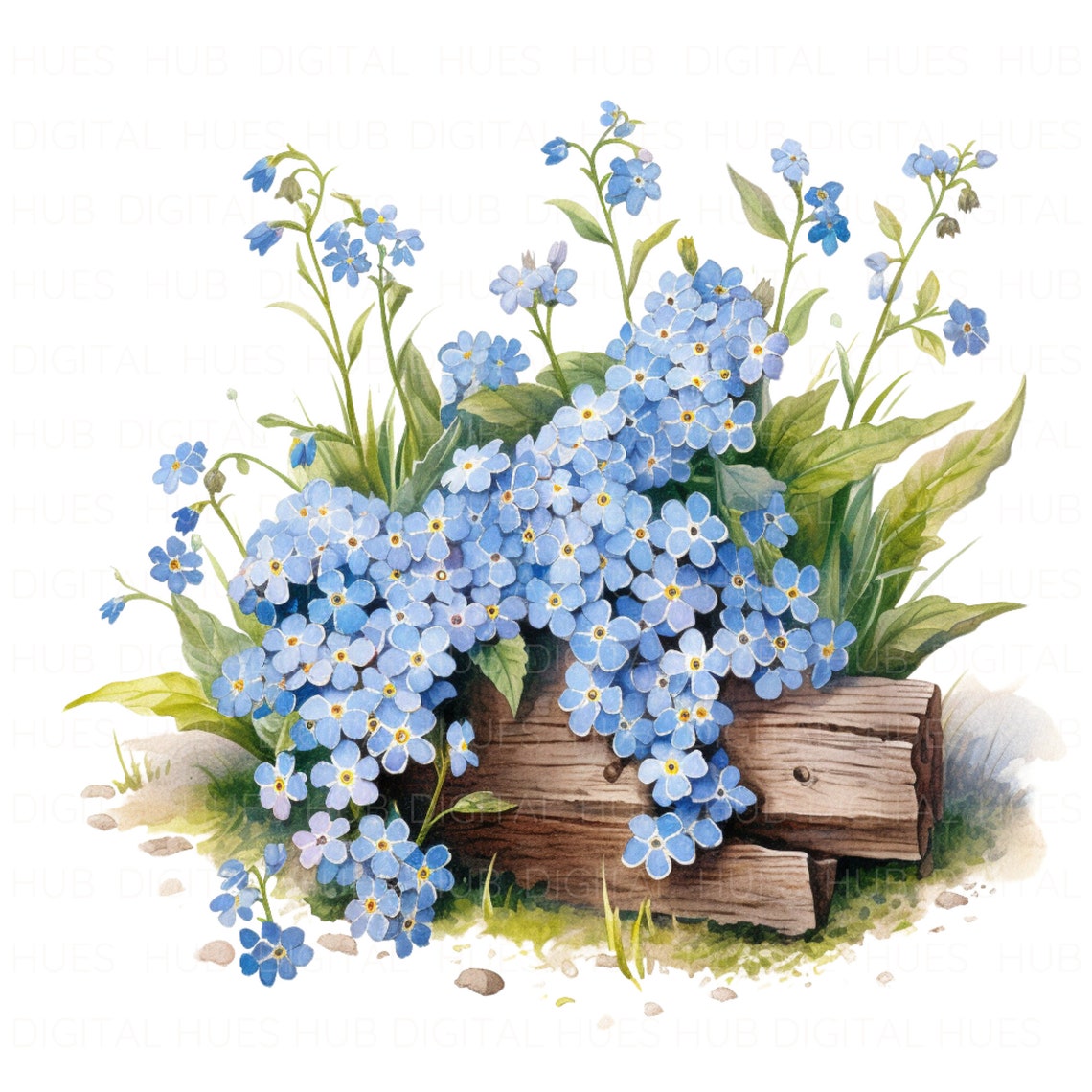 15 Forget Me Not on Log Clipart Bundle Watercolor Forget Me Not ...