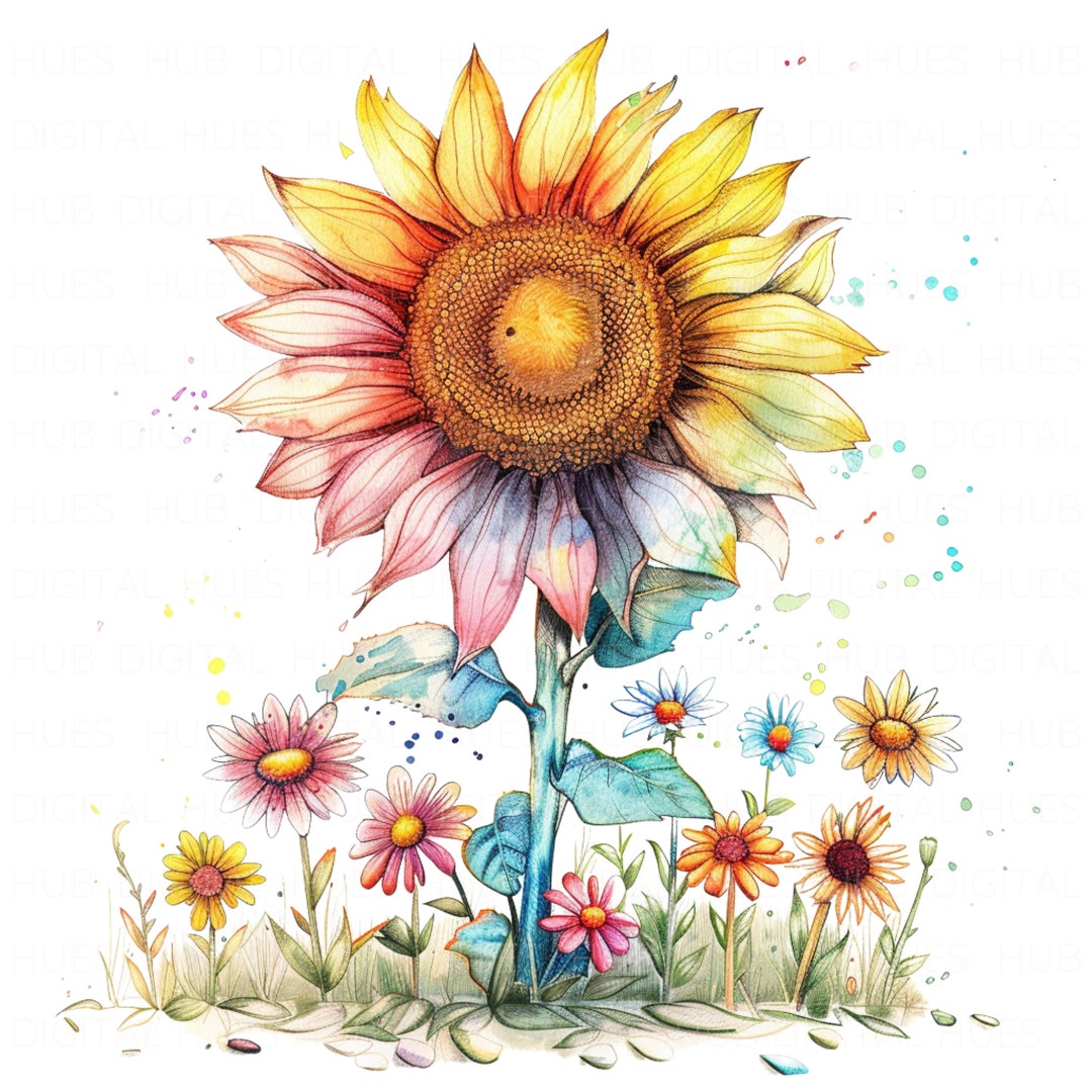 10 Sunflower Daisy Field Clipart Bundle Watercolor Nursery Sunflower ...
