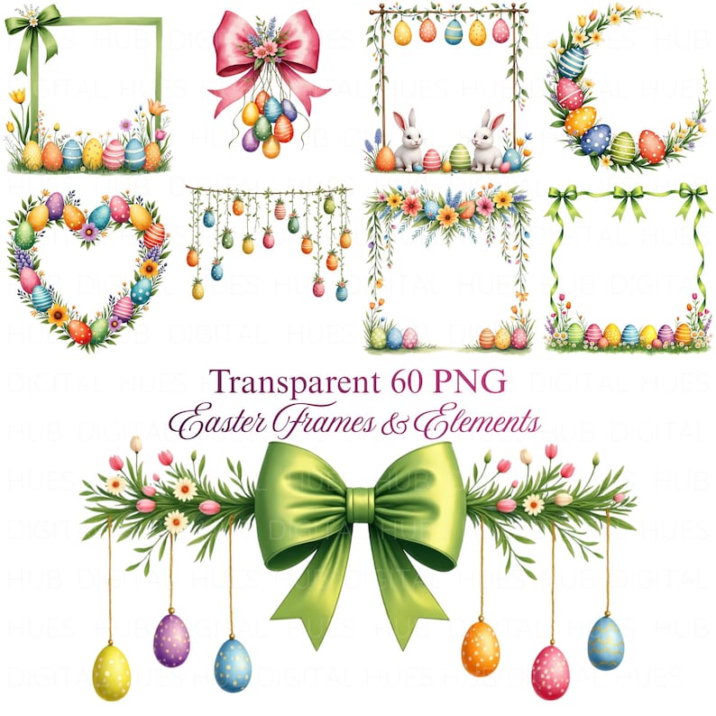 60 Easter Borders Clipart: Watercolor Easter Eggs and Spring Flower ...