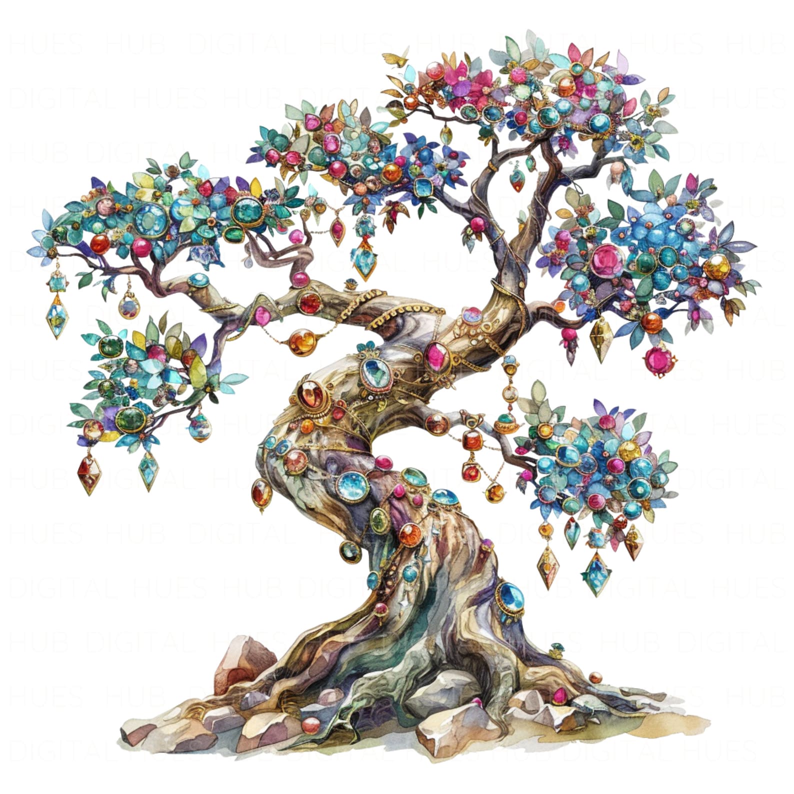 12 Colorful Jewel Tree Clipart Watercolor Gemstone Tree of Life High ...