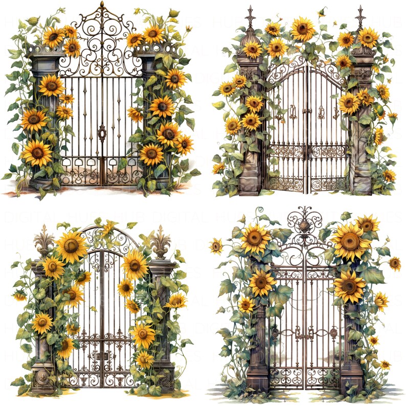 17 Sunflower Iron Gate Clipart Bundle Watercolor Floral Rustic Garden ...