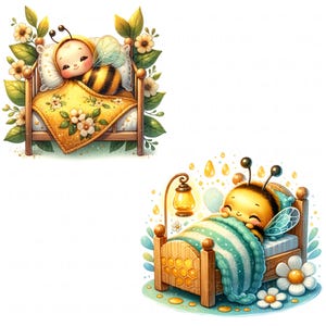13 Baby Bee Sleeping in Bed Clipart Floral Baby Bee Cartoon Bumble Bee ...