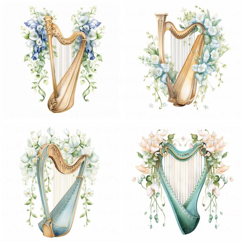 12 Watercolor Floral Harp Clipart Bundle Magic Lyre Printable High ...