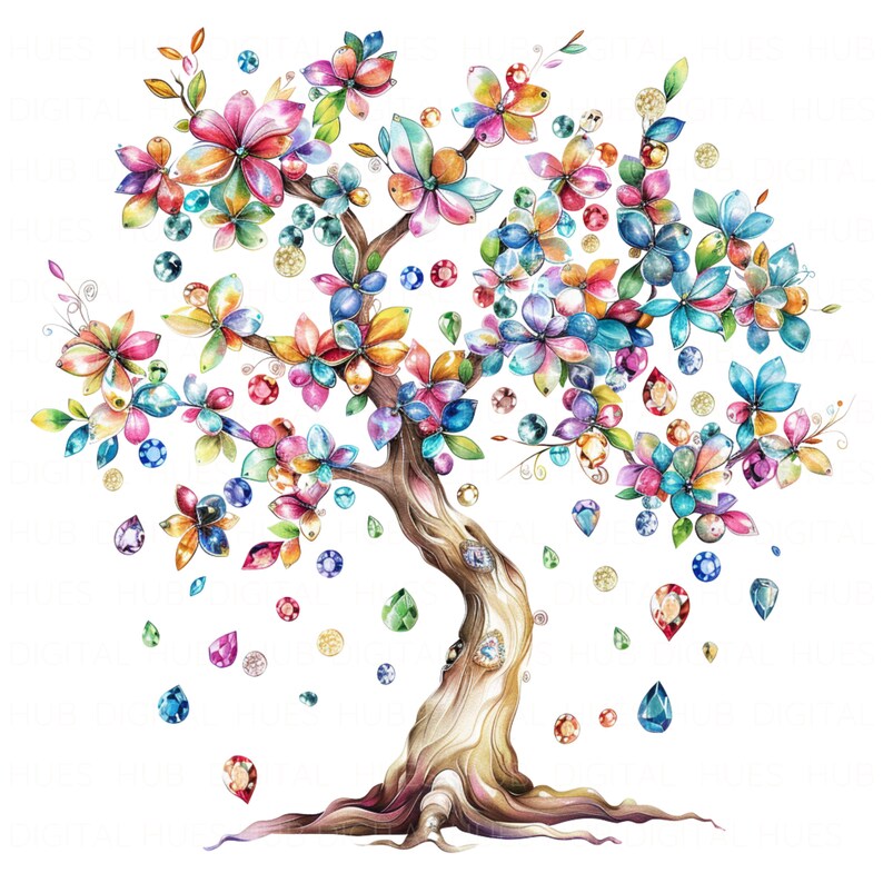 12 Colorful Jewel Tree Clipart Watercolor Gemstone Tree of Life High ...