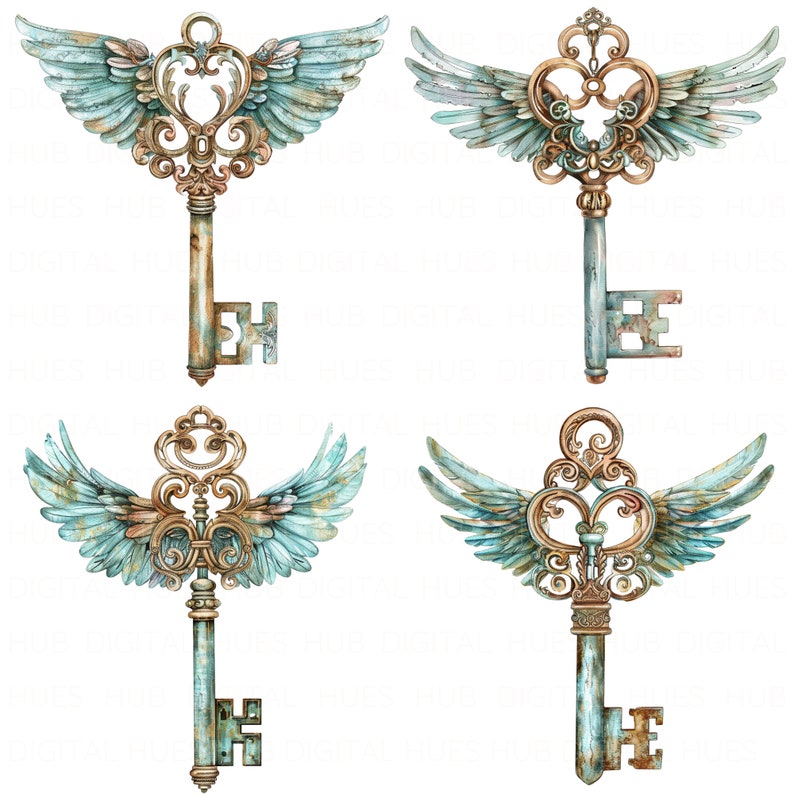 12 Magic Key With Wings Clipart Watercolor Fairy Key Fantasy Clipart ...