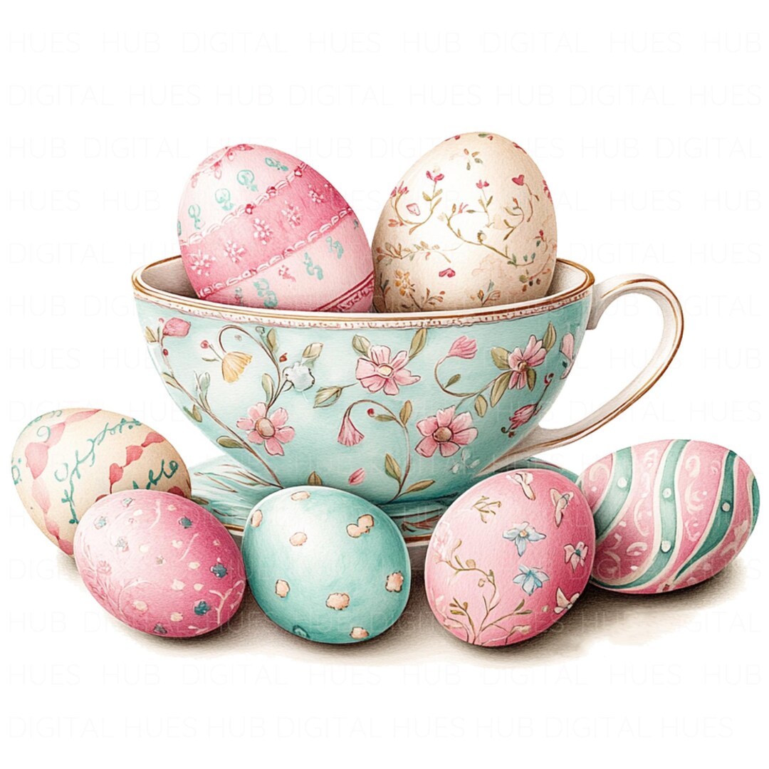 11 Festive Easter Teacup Clipart Watercolor Easter Eggs Cup Printable ...