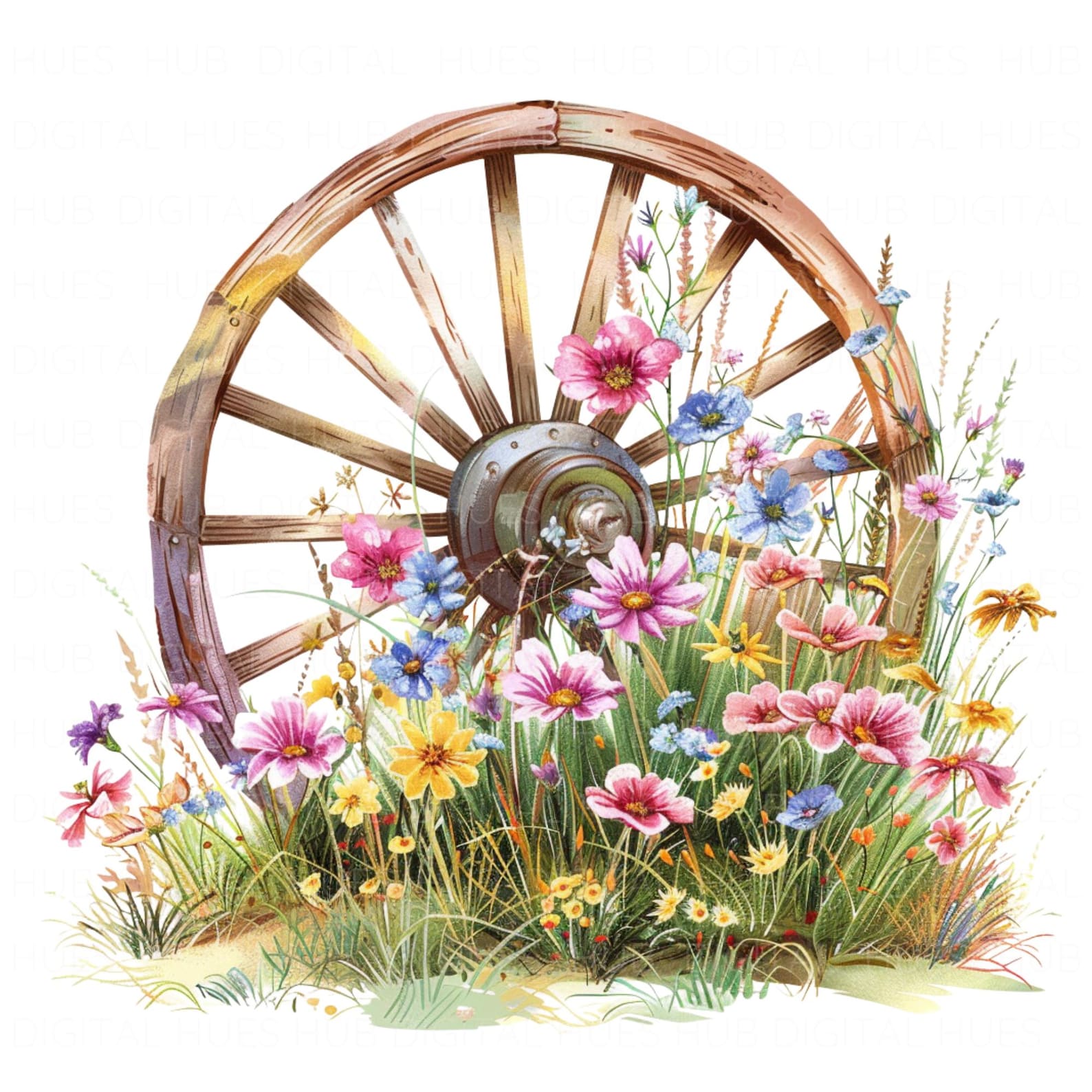 10 Floral Wagon Wheel Clipart Watercolor Floral Wooden Wheel Cart Wheel ...