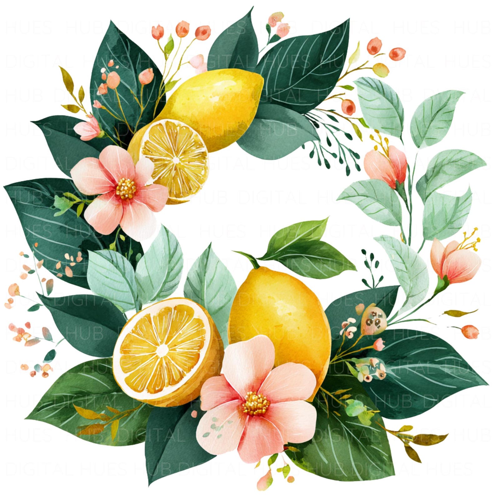 13 Lemon Wreath Clipart Watercolor Sunny Summer Fruit Wreath Lemon ...