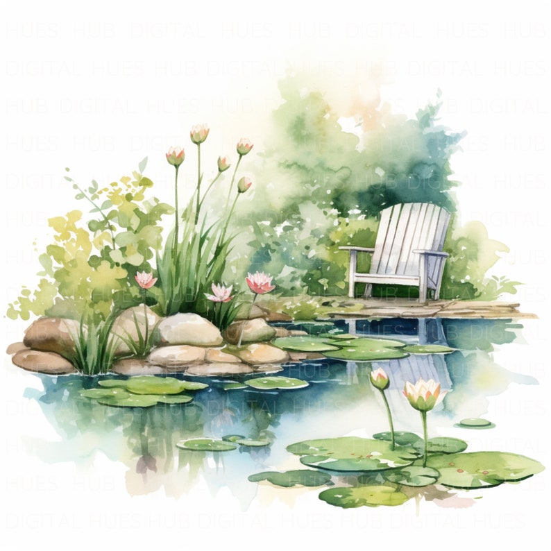 10 Backyard Pond Clipart Bundle Watercolor Garden Lotus Pond Clipart ...