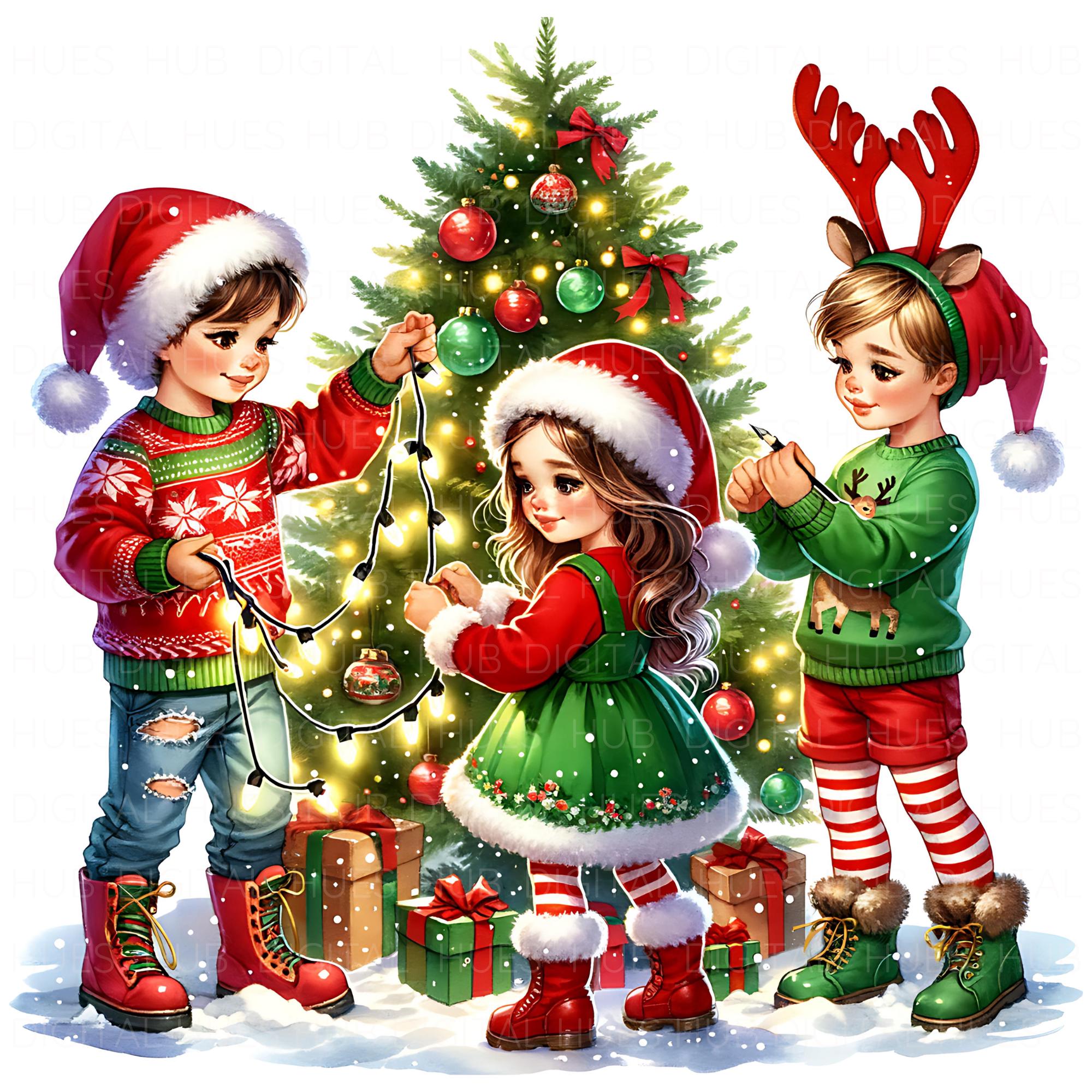 10 Christmas Kids Clipart: Watercolor Cute Children Decorating ...