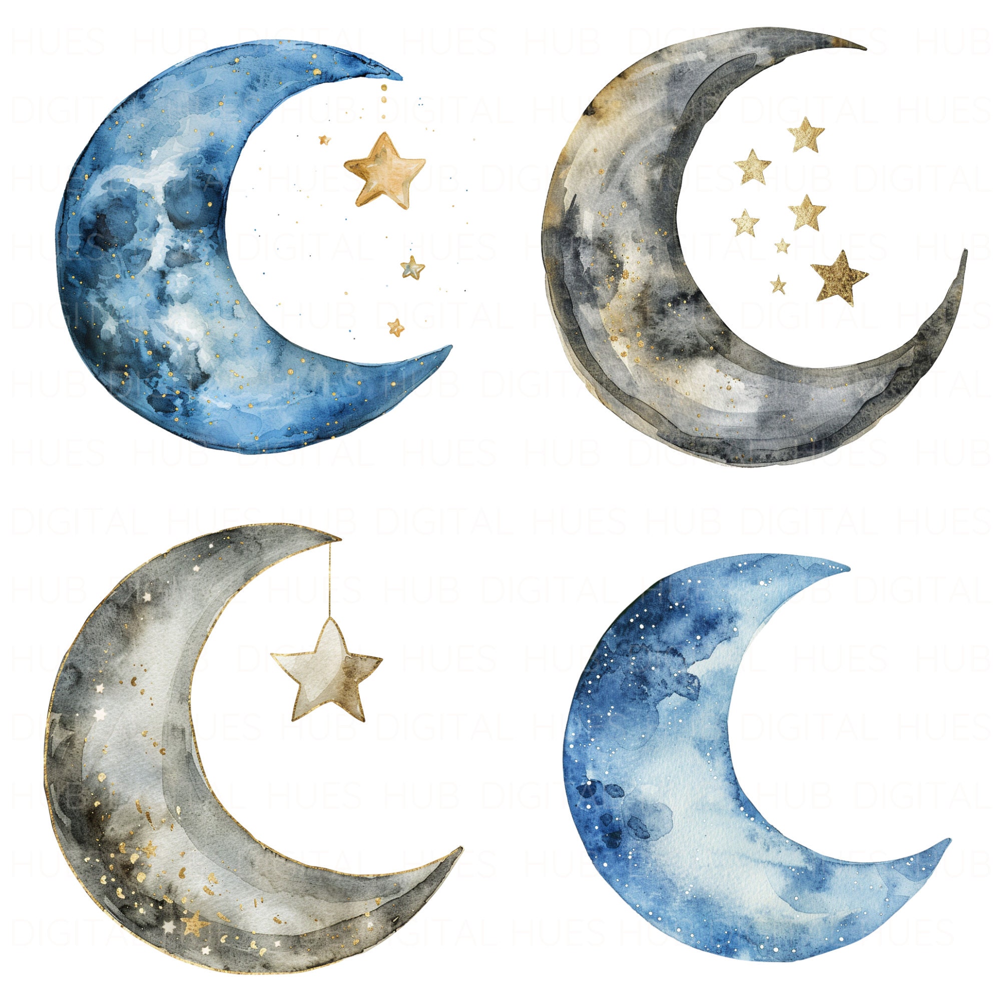 11 Watercolor Moon Clipart Moon and Star Kids Bedroom Wall Art ...