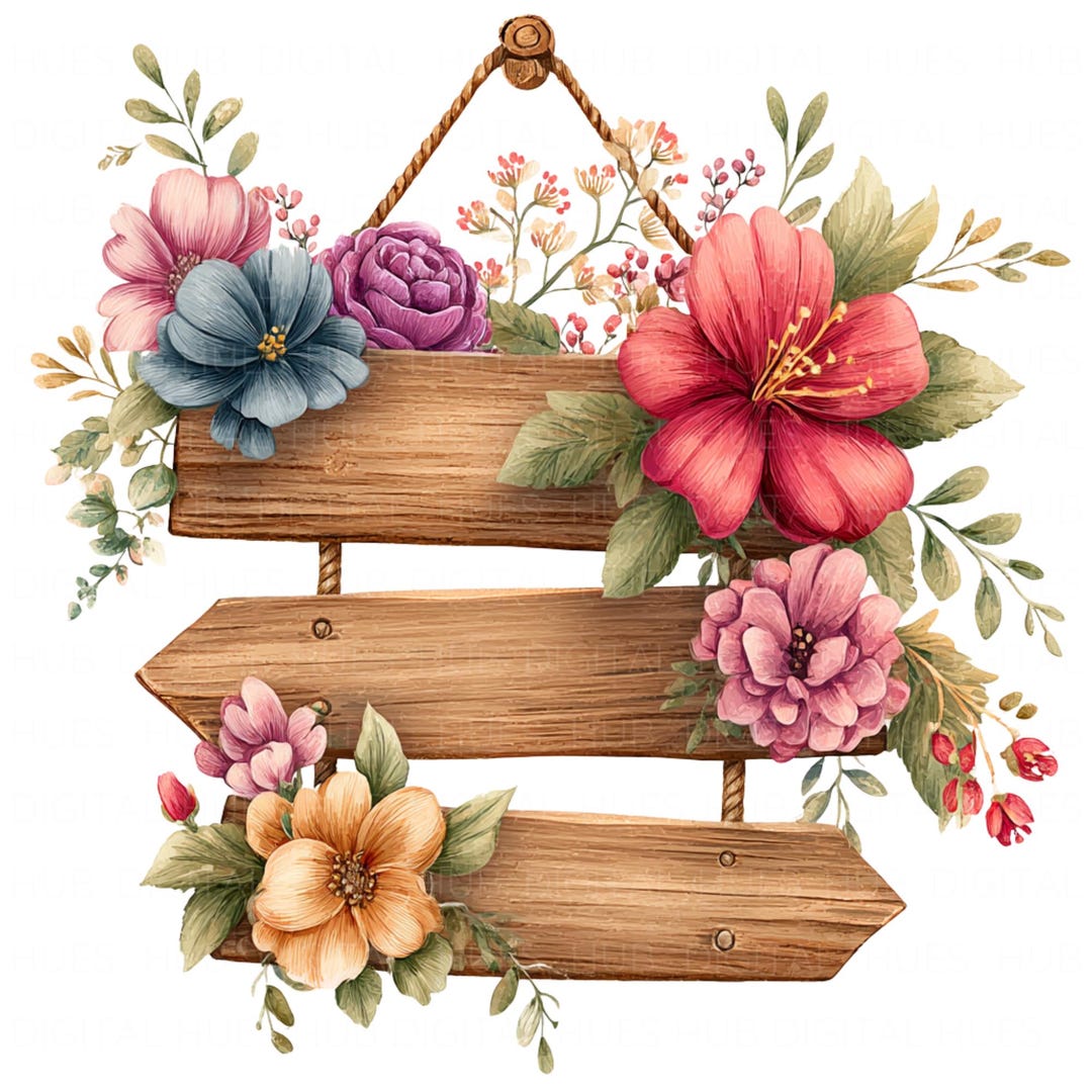 11 Floral Wooden Sign Clipart Watercolor Vintage Hanging Garden Sign ...