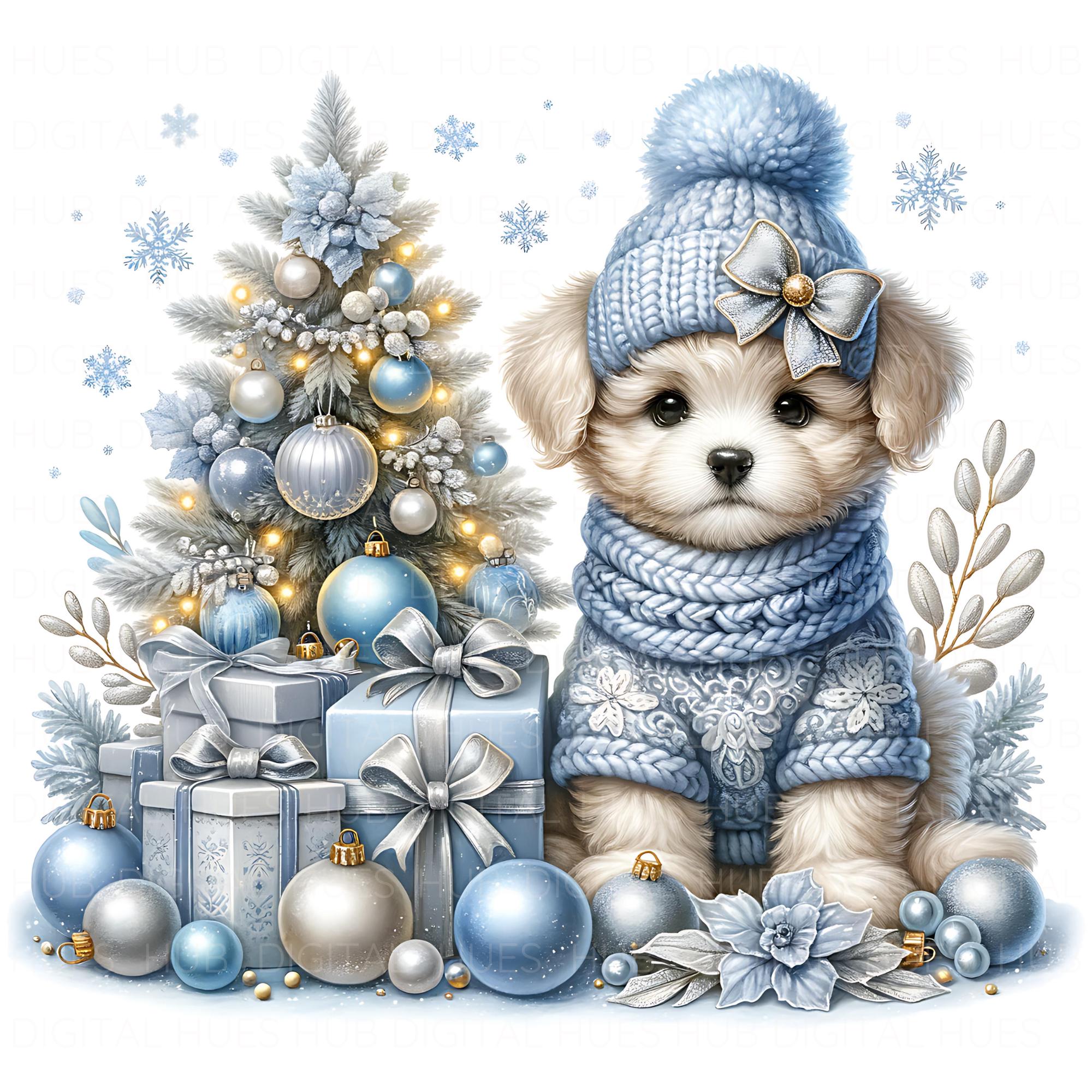 12 Blue Christmas Puppy Clipart: Watercolor Winter Animal Graphics JPEG ...