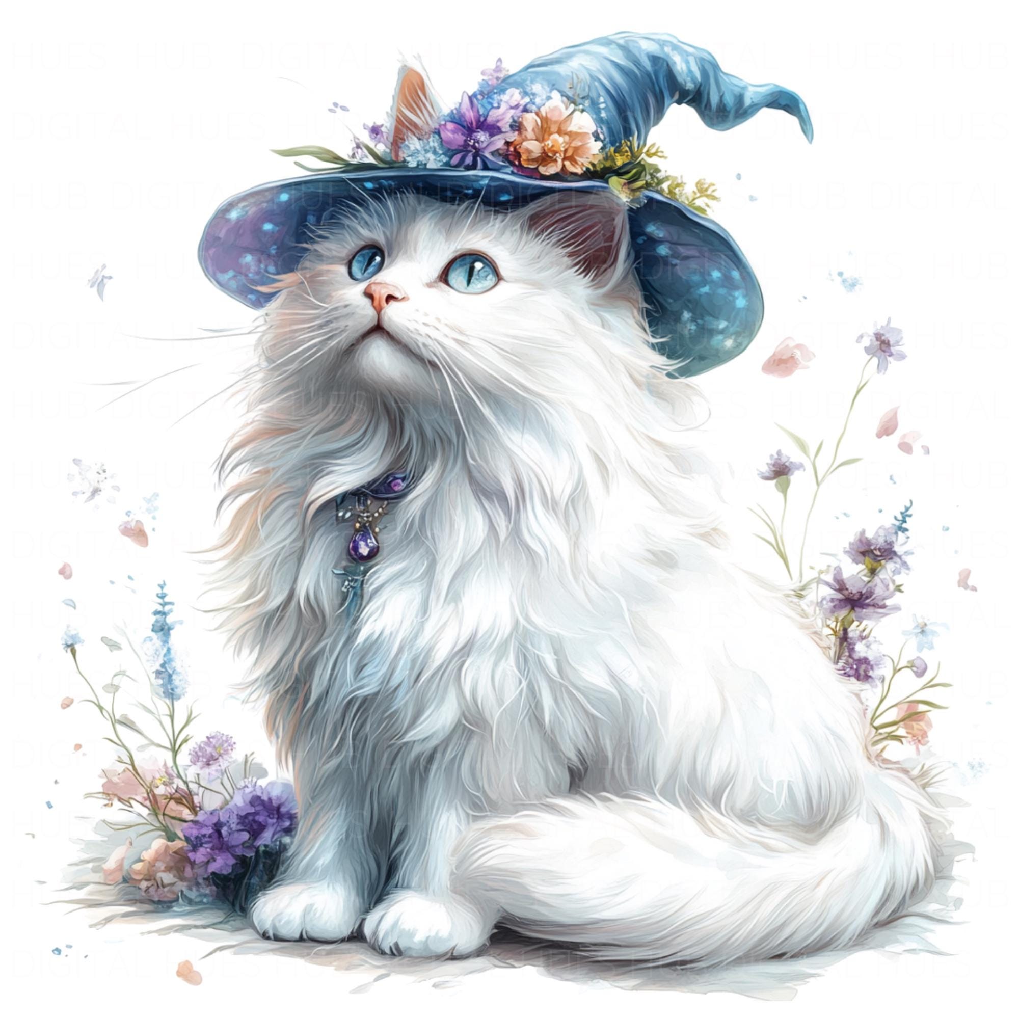 15 Halloween Cat Clipart Watercolor White Cat With Witch Hat Clipart ...
