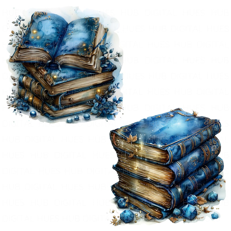 10 Blue Magic Book Clipart Watercolor Old Book Pile Fantasy Clipart ...