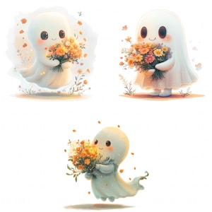 11 Cute Ghost With Flower Bouquet Clipart Watercolor Kawaii Ghost High ...