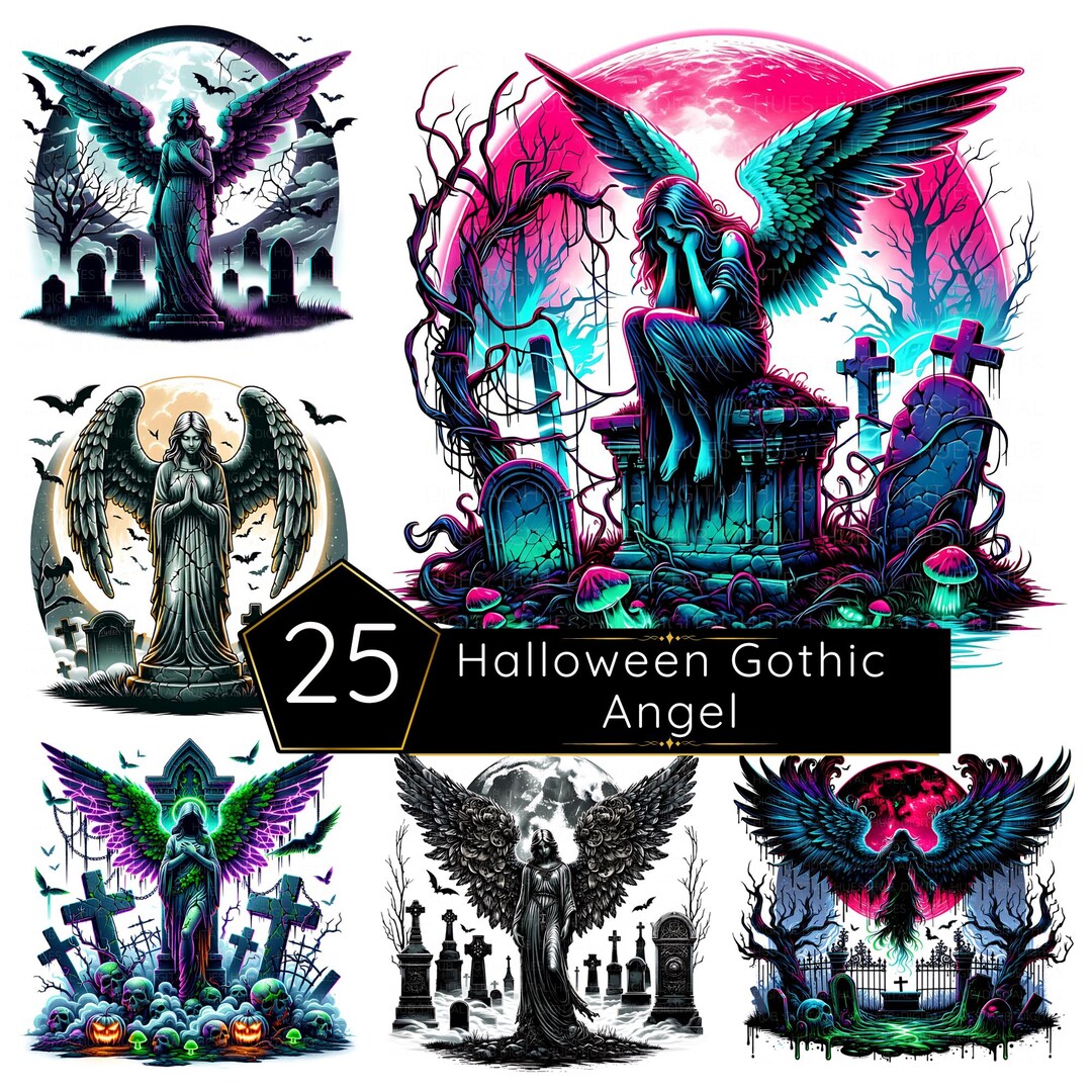 25 Dark Gothic Angel Clipart: Watercolor Halloween Cemetery, Tombstone ...