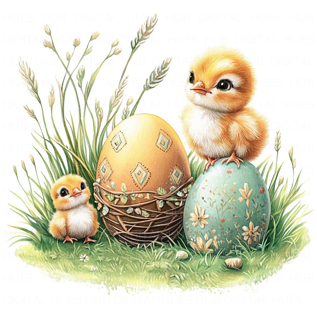 14 Easter Baby Chick With Easter Eggs Clipart Watercolor Cute Chicken ...