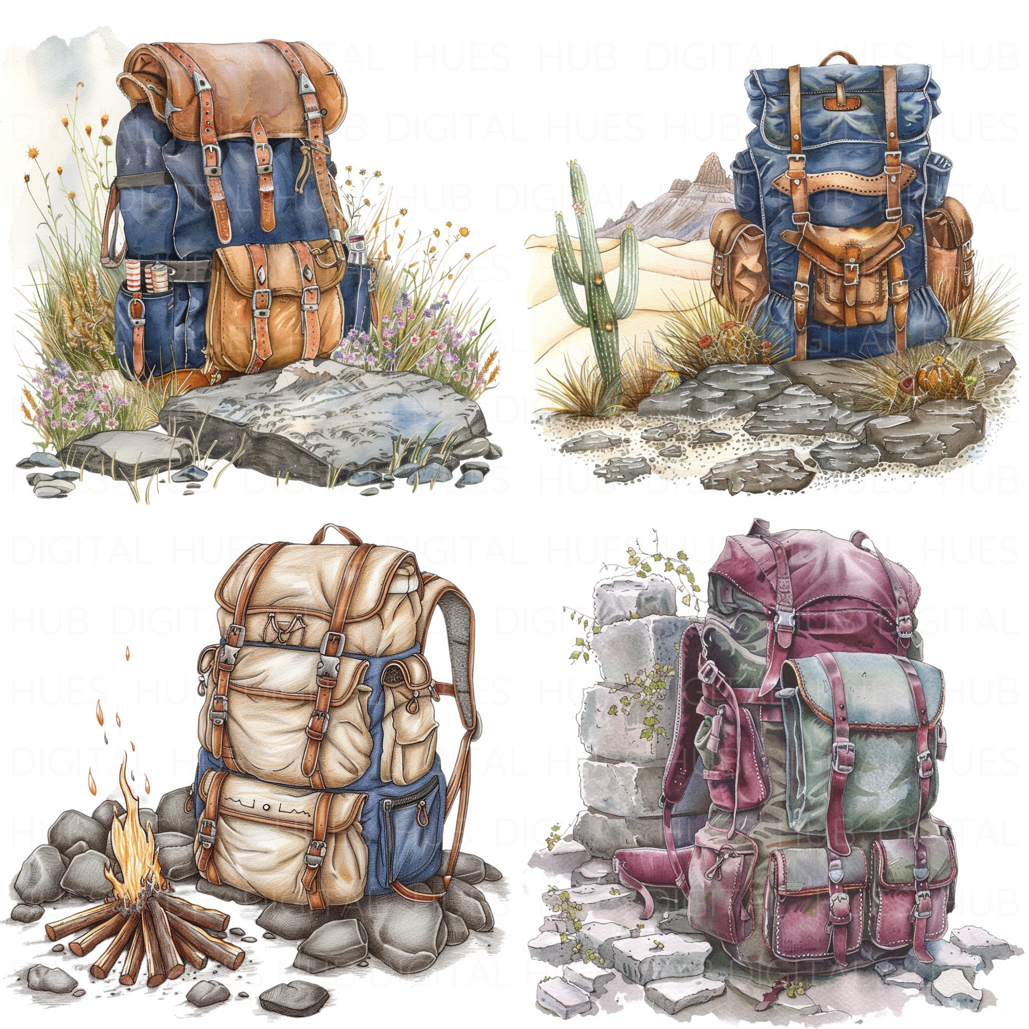 10 Trekking Backpack Clipart Bundle Watercolor Hiking Backpack Sticker ...