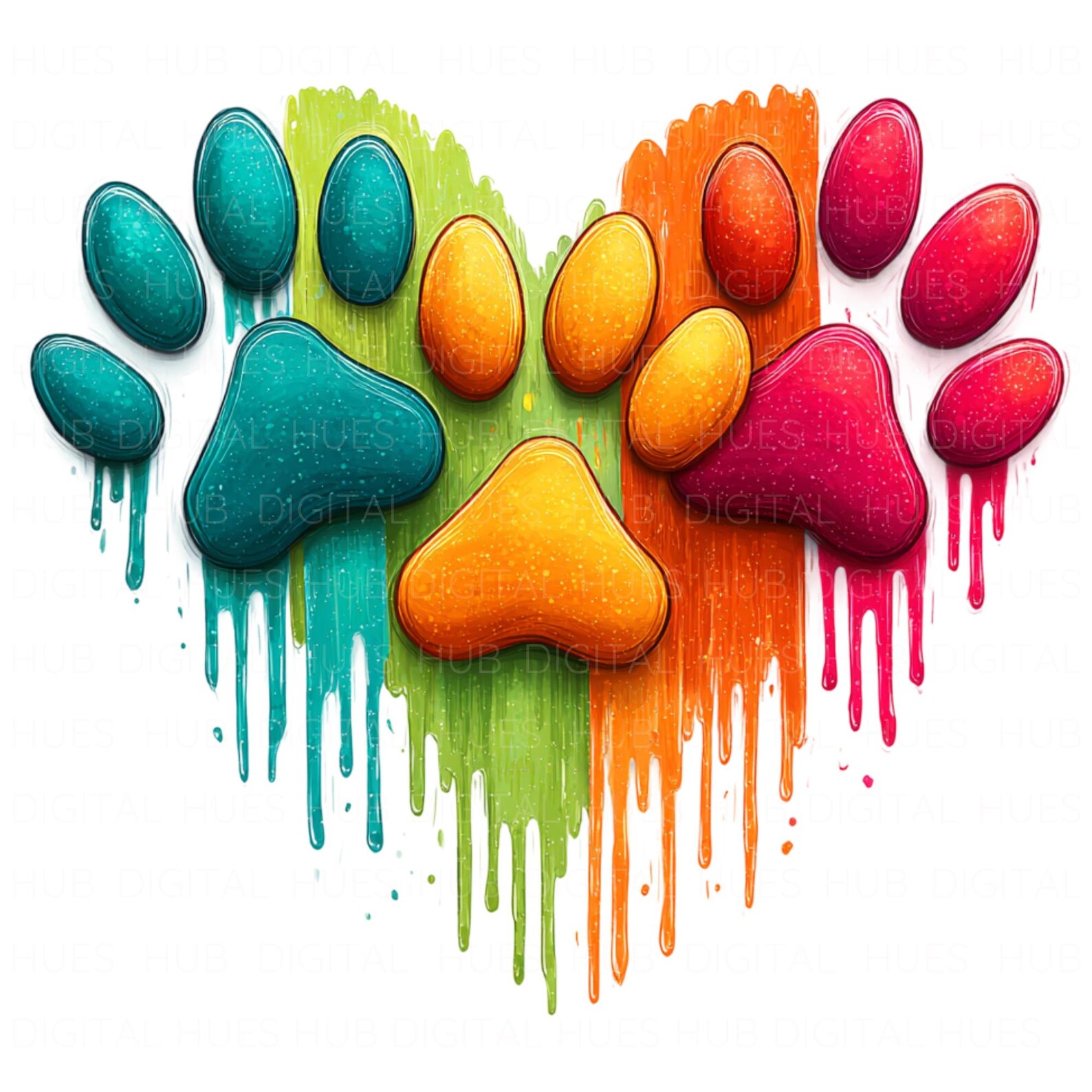 12 Paw Print Valentine Heart Clipart: Watercolor Colorful Heart PNG ...