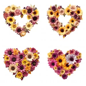 10 Sunflower Floral Heart Clipart Bundle Watercolor Flower Heart ...