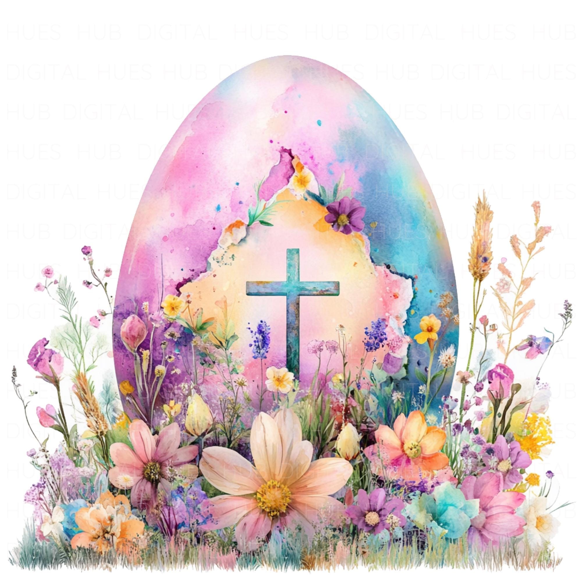 13 Floral Cross in Egg Clipart Watercolor Easter Eggs Crucifix Cross ...
