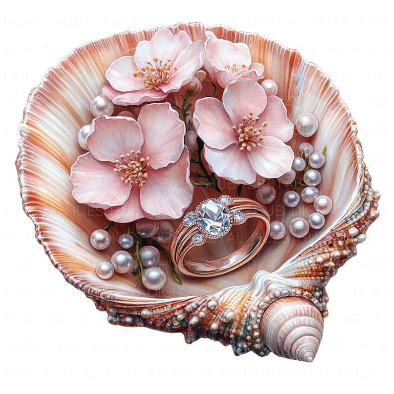 13 Engagement Ring Floral Sea Shell Clipart Watercolor Romantic ...