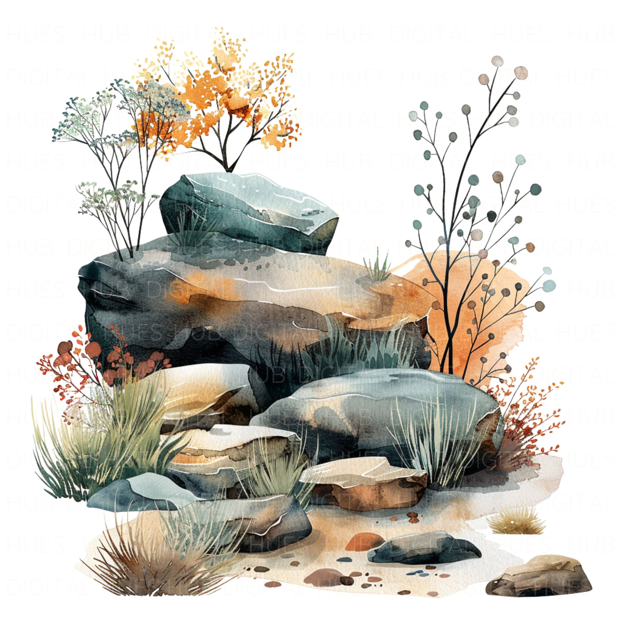 15 Rock Garden Clipart Bundle Watercolor Rock Clipart Printable High ...