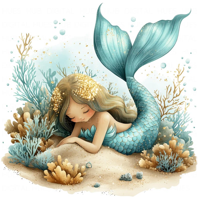 11 Little Mermaid Sleeping Underwater Watercolor Fairytale Art ...