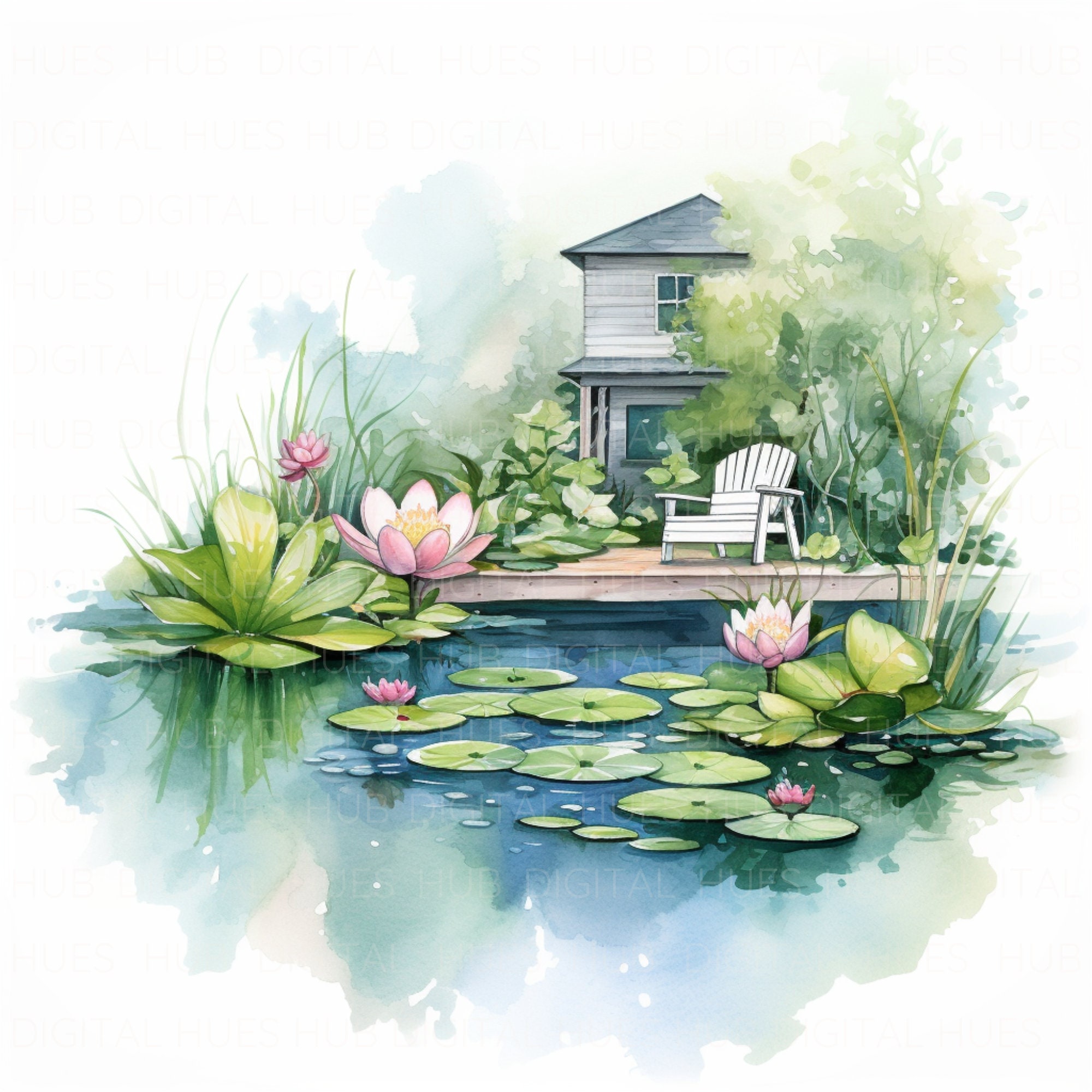 10 Backyard Pond Clipart Bundle Watercolor Garden Lotus Pond Clipart ...