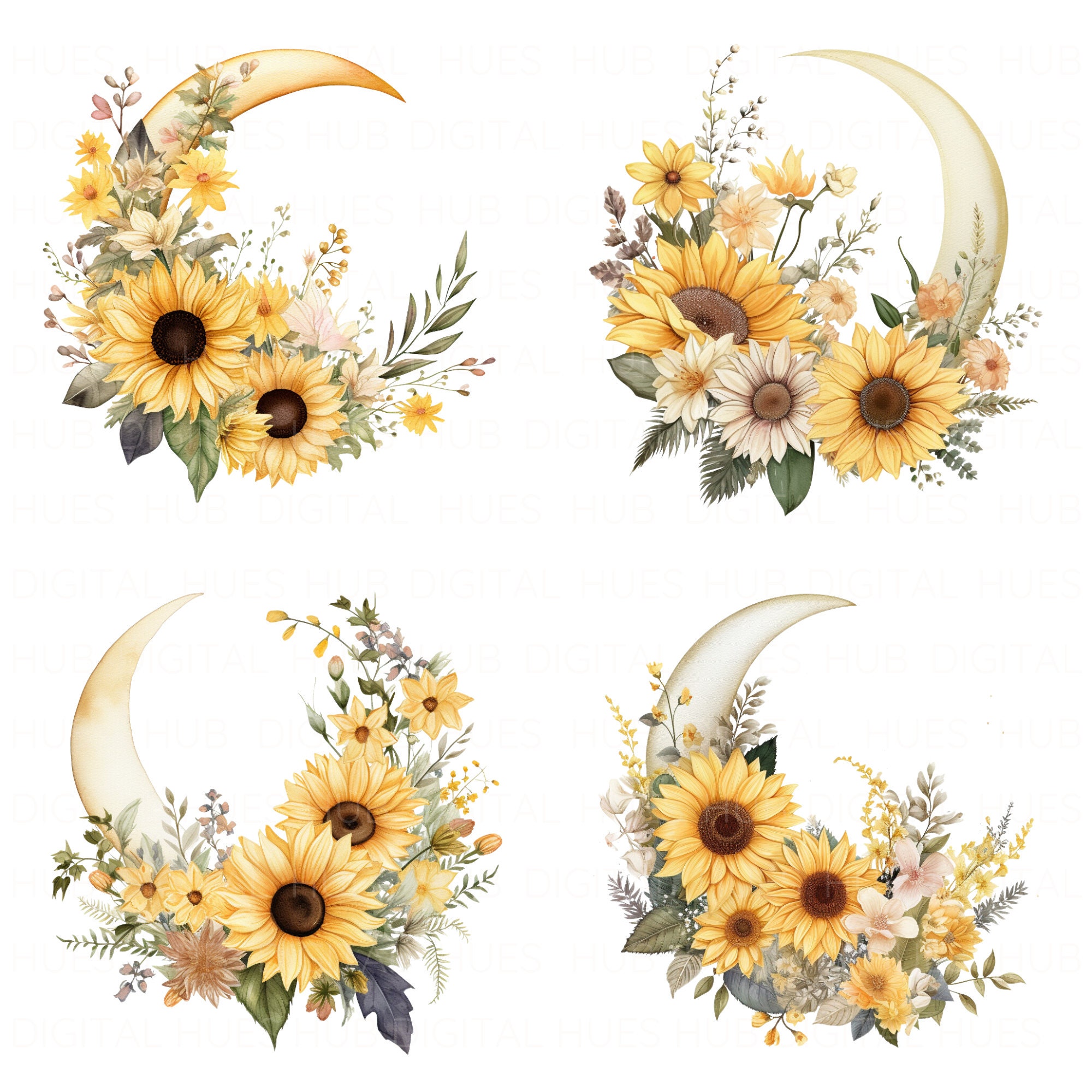 14 Sunflower Moon Clipart Watercolor Floral Moon Nursery Bedroom Art ...