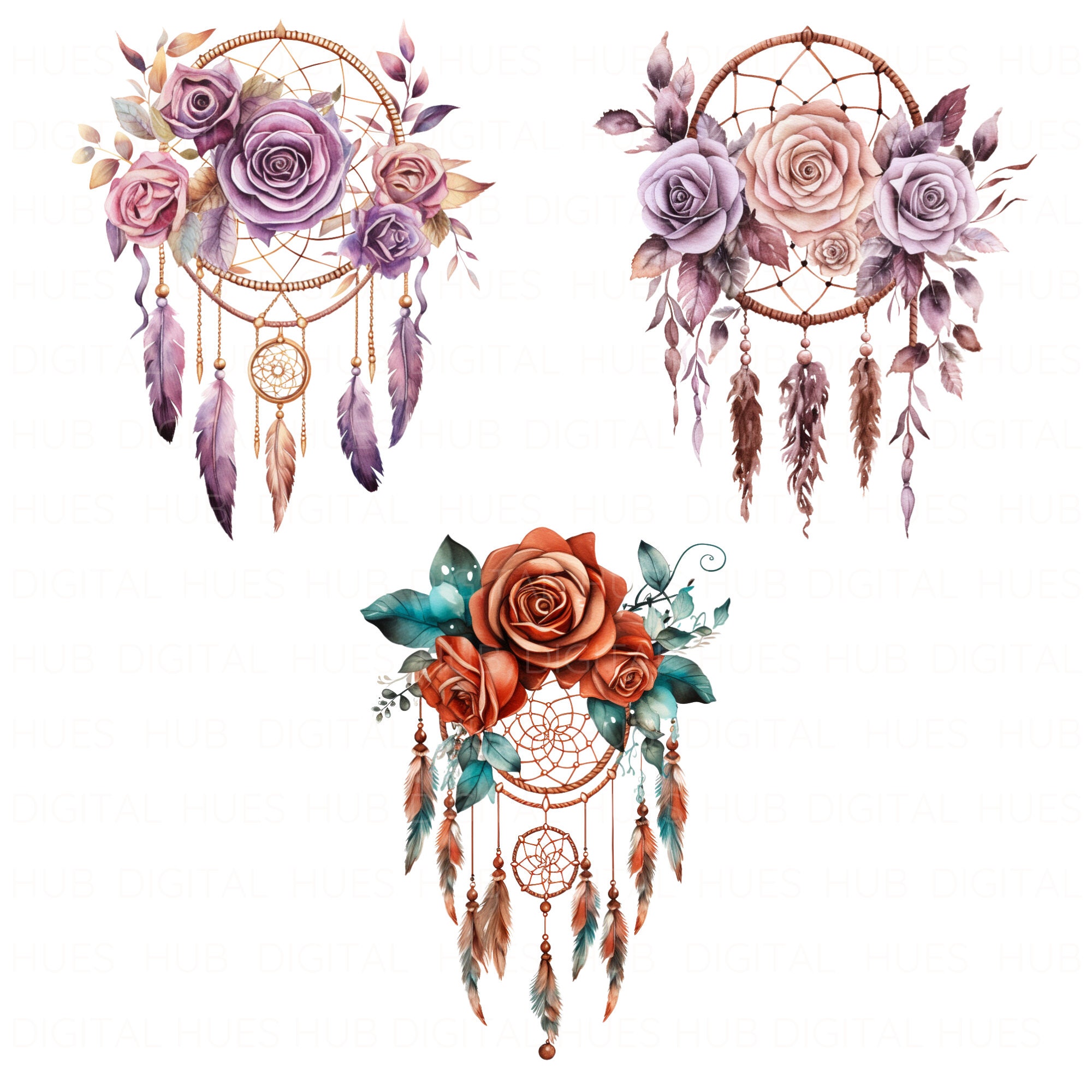11 Rose Dream Catcher Clipart Watercolor Floral Dream Catcher Printable ...
