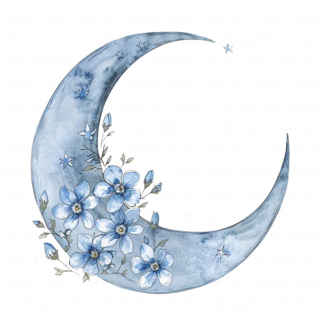 12 Floral Blue Moon Clipart Watercolor Forget Me Not Nursery Bedroom ...