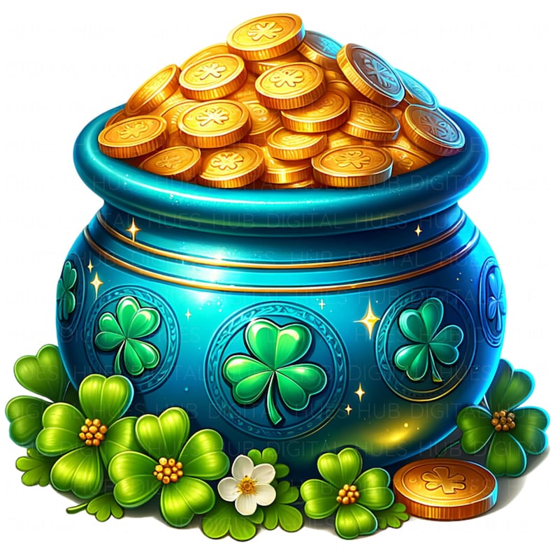 10 Saint Patrick’s Day Pot of Gold Clipart: Watercolor Four Leaf Clover ...