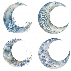 12 Floral Blue Moon Clipart Watercolor Forget Me Not Nursery Bedroom ...