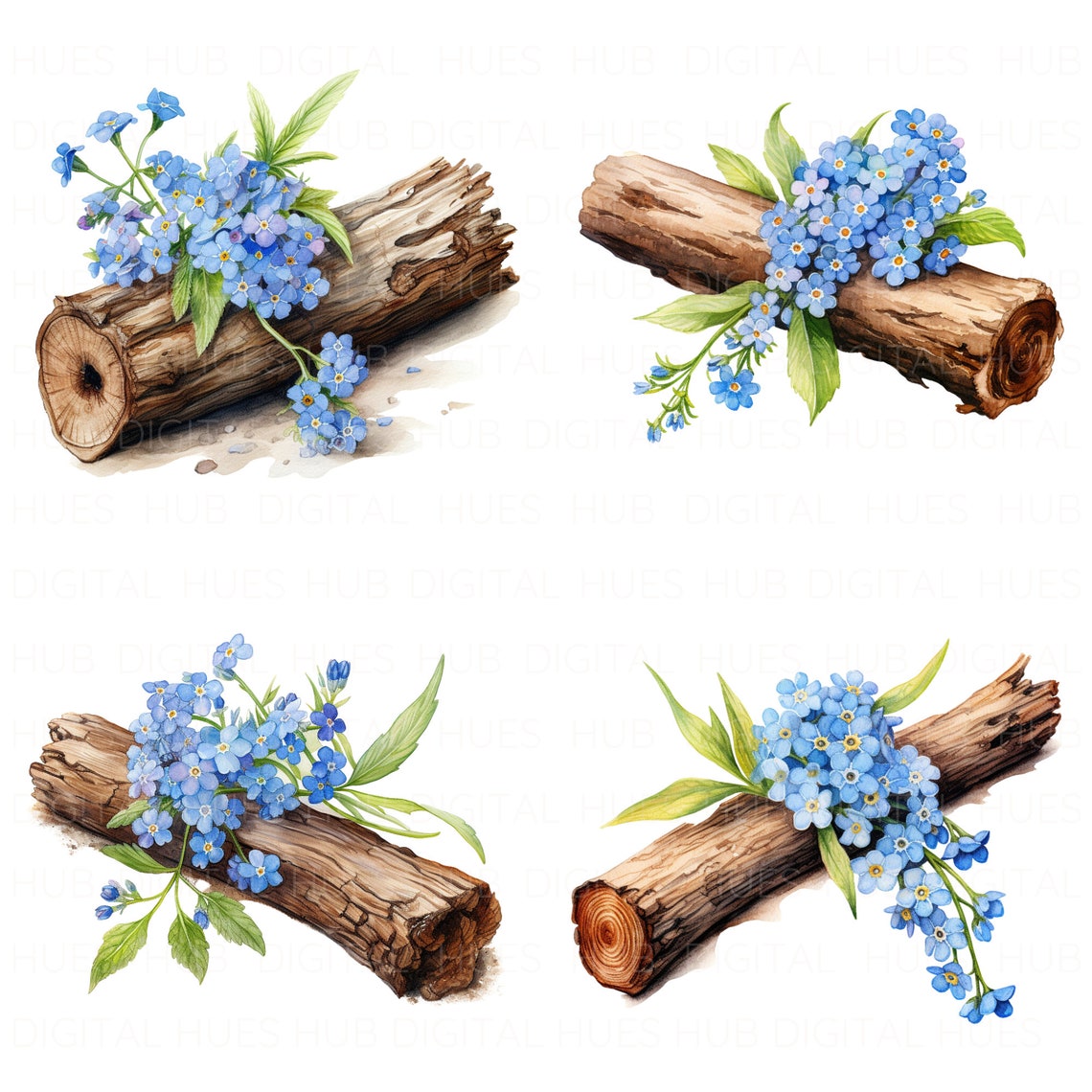 15 Forget Me Not on Log Clipart Bundle Watercolor Forget Me Not ...