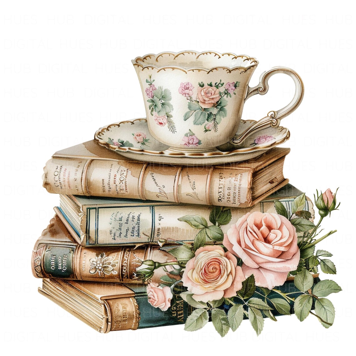 13 Book With Tea Cup Clipart Watercolor Rustic Vintage Book and Coffee ...