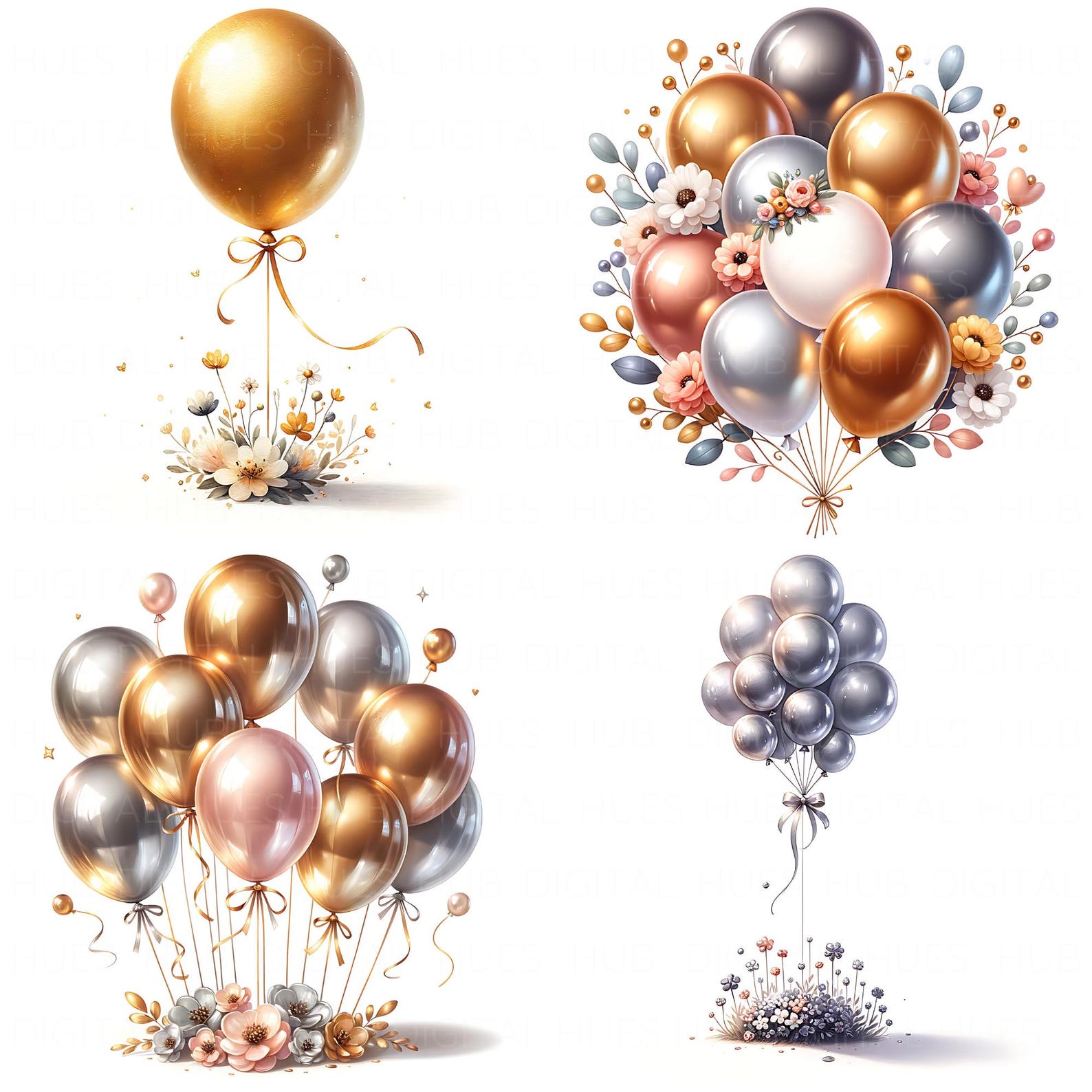 14 Golden Silver Balloon Clipart Party Balloons Floral Balloons ...